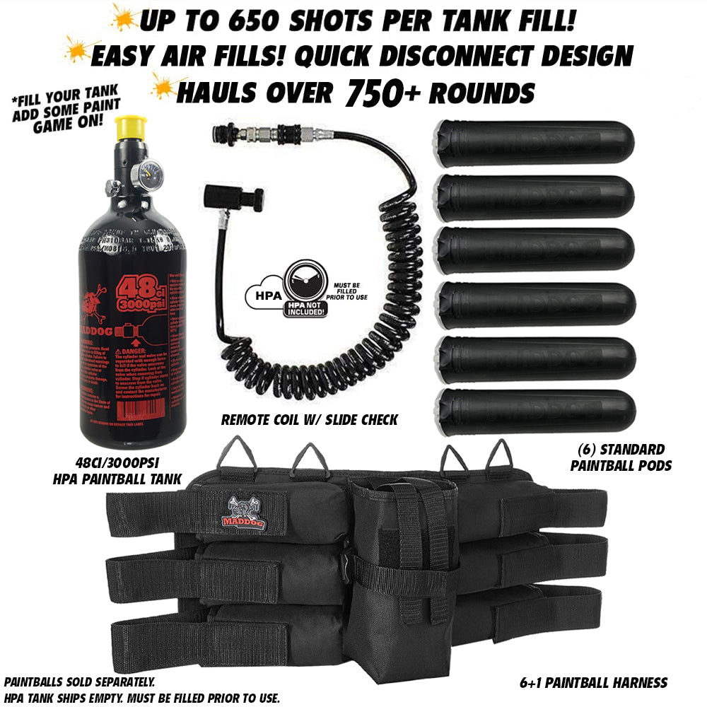 Maddog Sports 6+1 Paintball Harness w/ Pods, 48/3000 HPA Tank & Remote ...